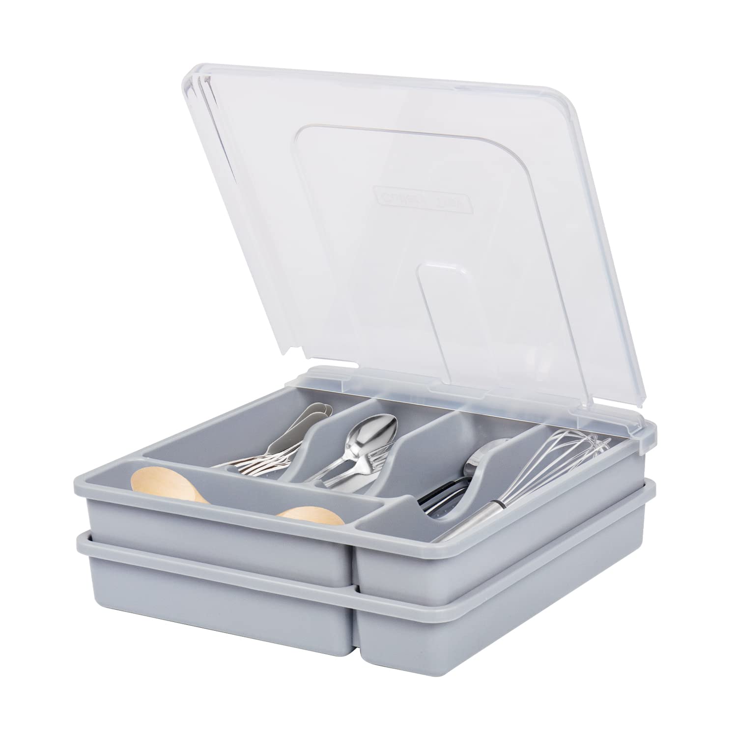 QINOL Silverware Holder with Lid, Double Layer Utensil Tray with Cover Large Flatware Organizer Plastic Cutlery Container for Kitchen Drawer Countertop 10 Compartments, Grey