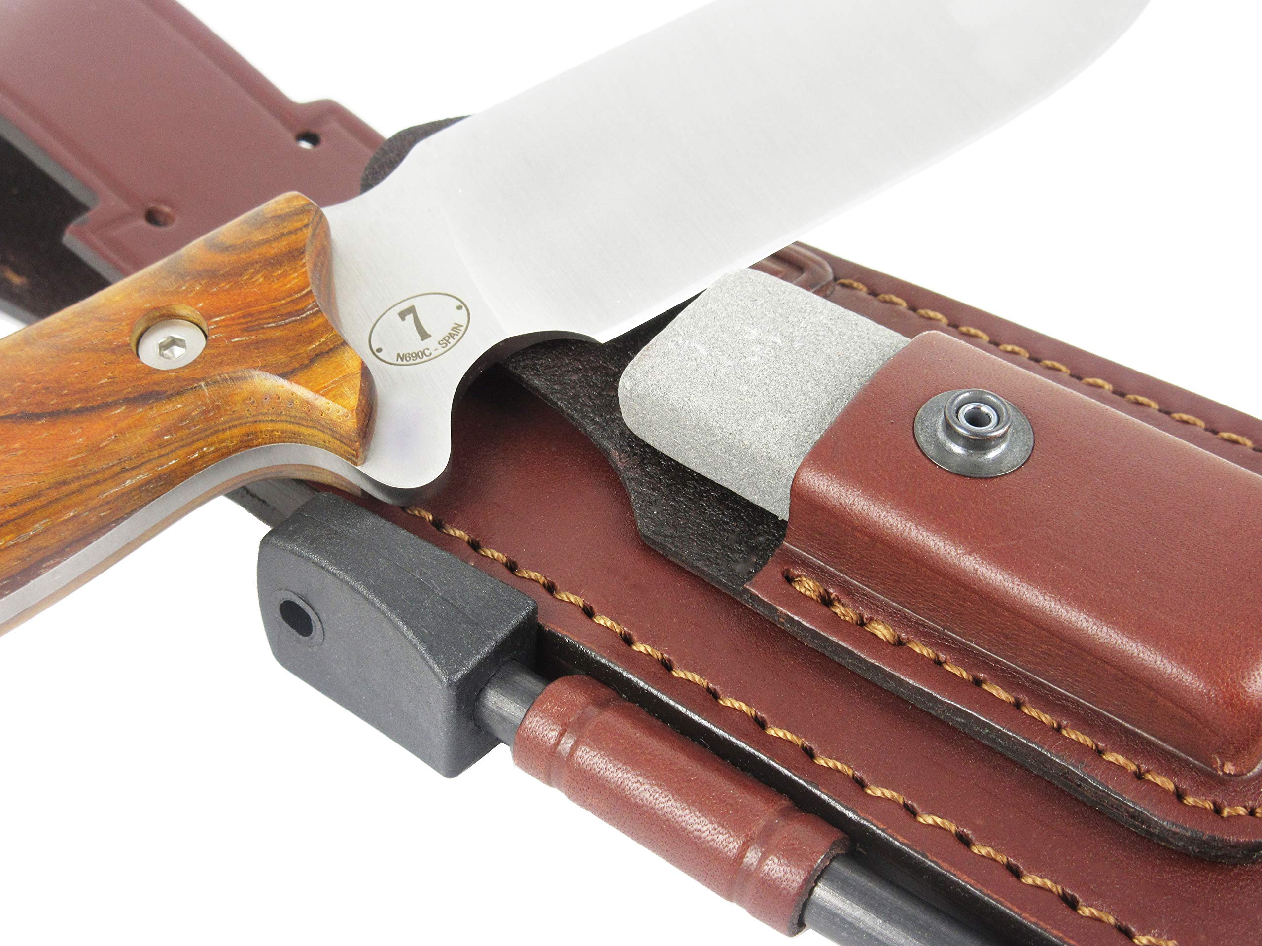 JEO-TEC Nº7 Bushcraft Survival Hunting Tactical Knife - BOHLER N690C Stainless Steel, Multi-positioned Leather Sheath, Sharpener Stone & Firesteel Included - Handmade