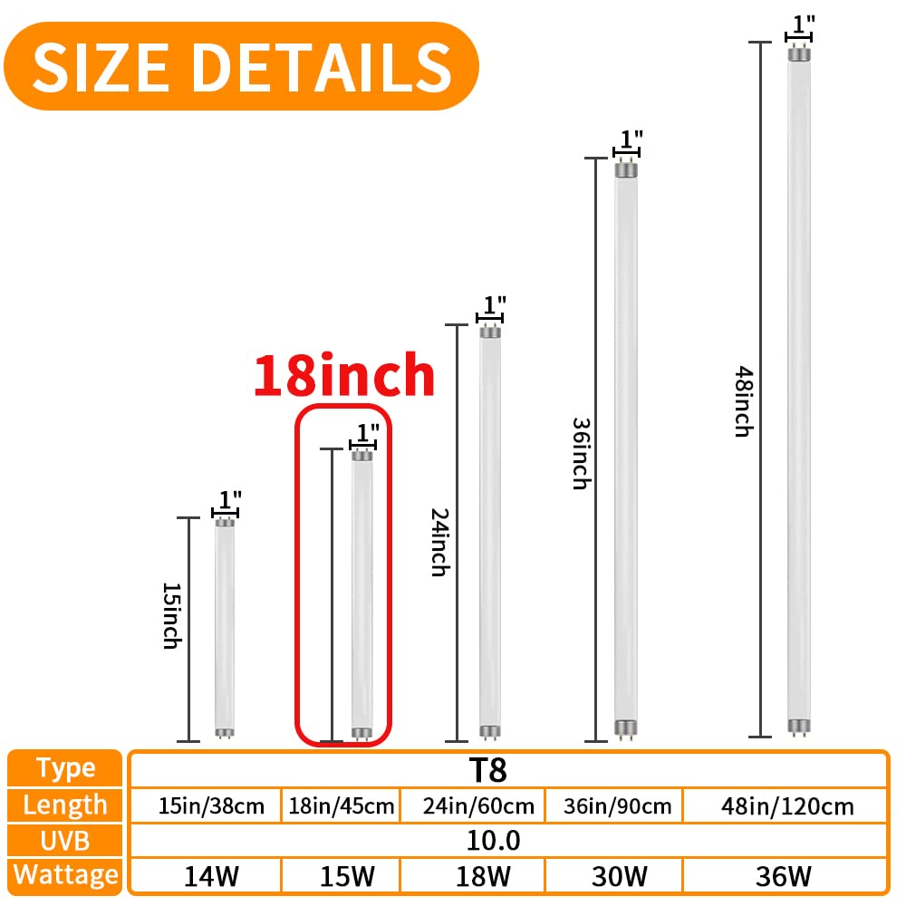 LUCKY HERP 18inch 15W T8 UVB 10.0 Reptile Light, UVA UVB Bulb, Fluorescent Lamp for Reptiles Amphibian
