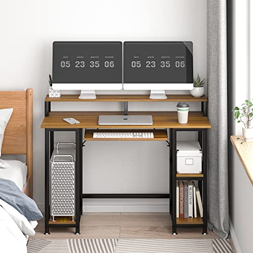 JSungo Small Computer Desk with Monitor Stand, 47 Inch Office Desk with CPU Shelf and Dual Storage Bookshelf for Small Space, Sturdy Writing Table with Keyboard Tray for Home, Natural