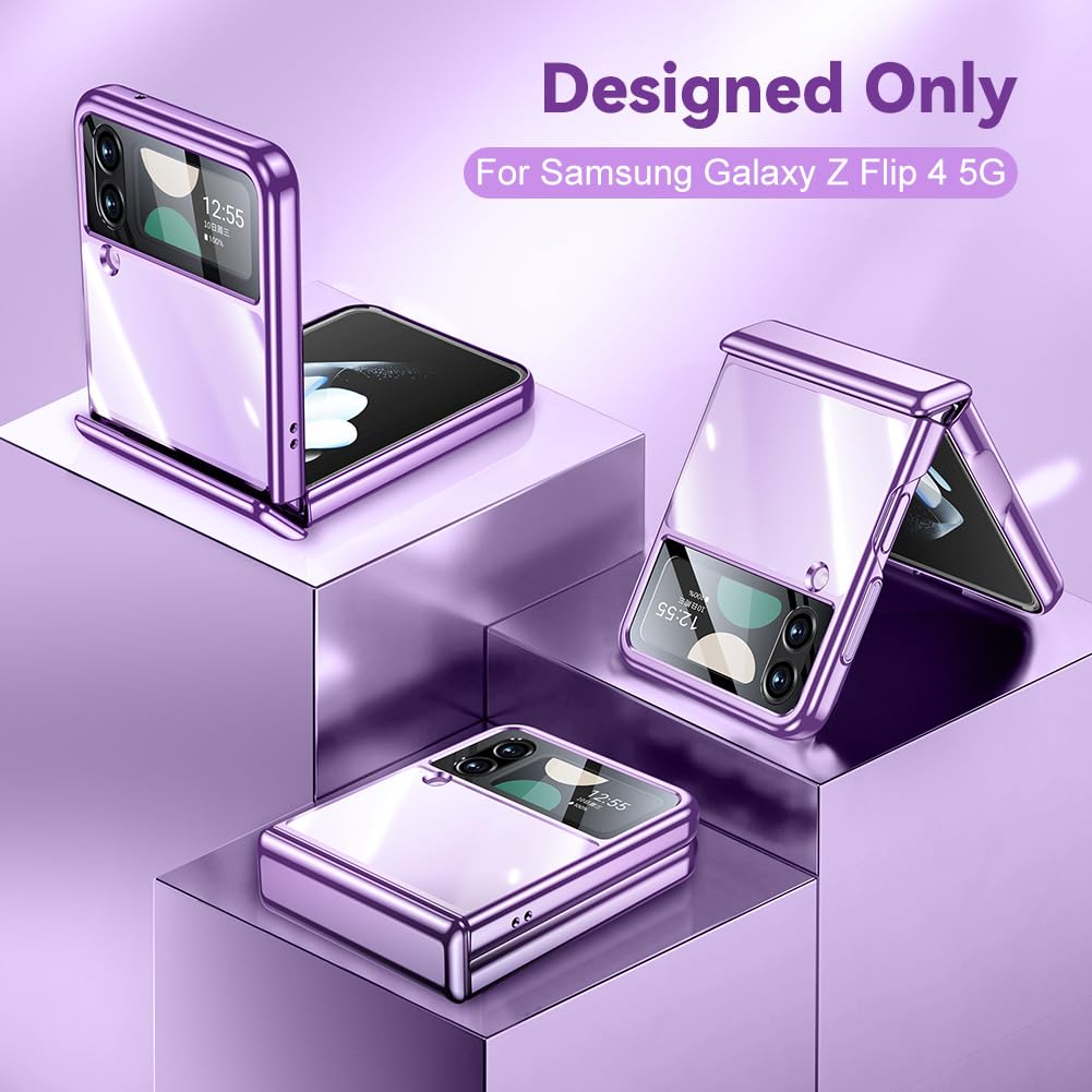 LEIAU for Samsung galaxy z-Flip-4 Case: Transparent Electroplating Protective Phone Case with Full Cover Hinge Protection, Clear Case with Screen Protector for Galaxy Z Flip 4 5G (Purple)