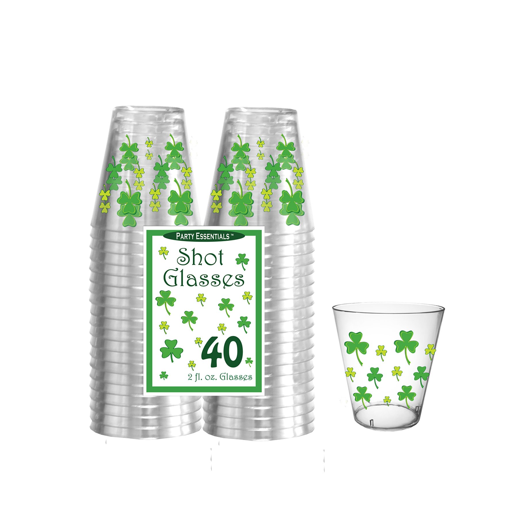 Party Essentials 40Count Hard Plastic 2 oz Printed Shot Glasses, Shamrocks, Clear