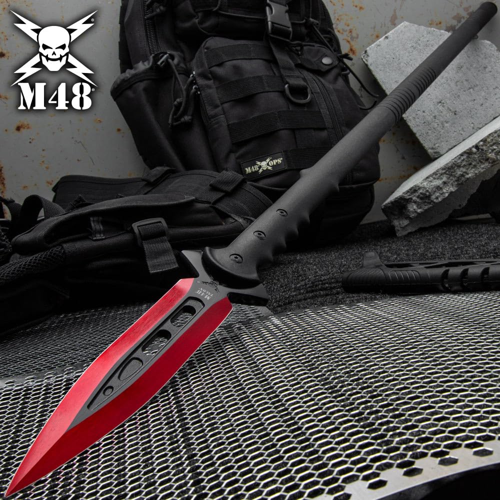 M48 Kommando Red Talon Survival Spear | Practical Tool for Survival | 8β Cast Stainless Steel Blade | Red Haze Finish | Fiberglass Reinforced Handle | Vortec Blade Sheath | 44 1/8β Overall