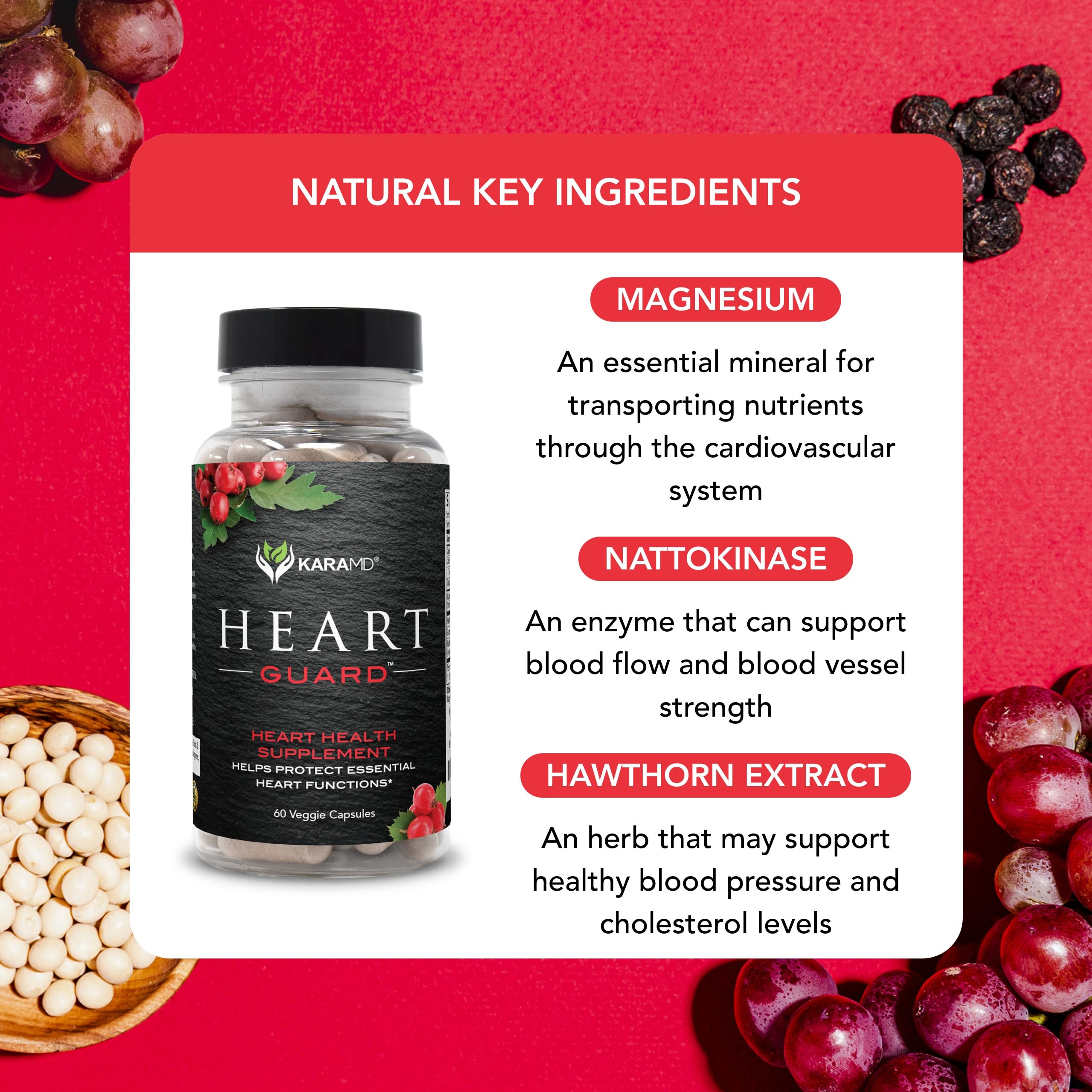 KaraMD Heart Guard - Heart Supplement with Magnesium, Nattokinase, Hawthorn Berry & Grapeseed Extract - Vegetable Capsules - 30 Servings (60 Capsules)