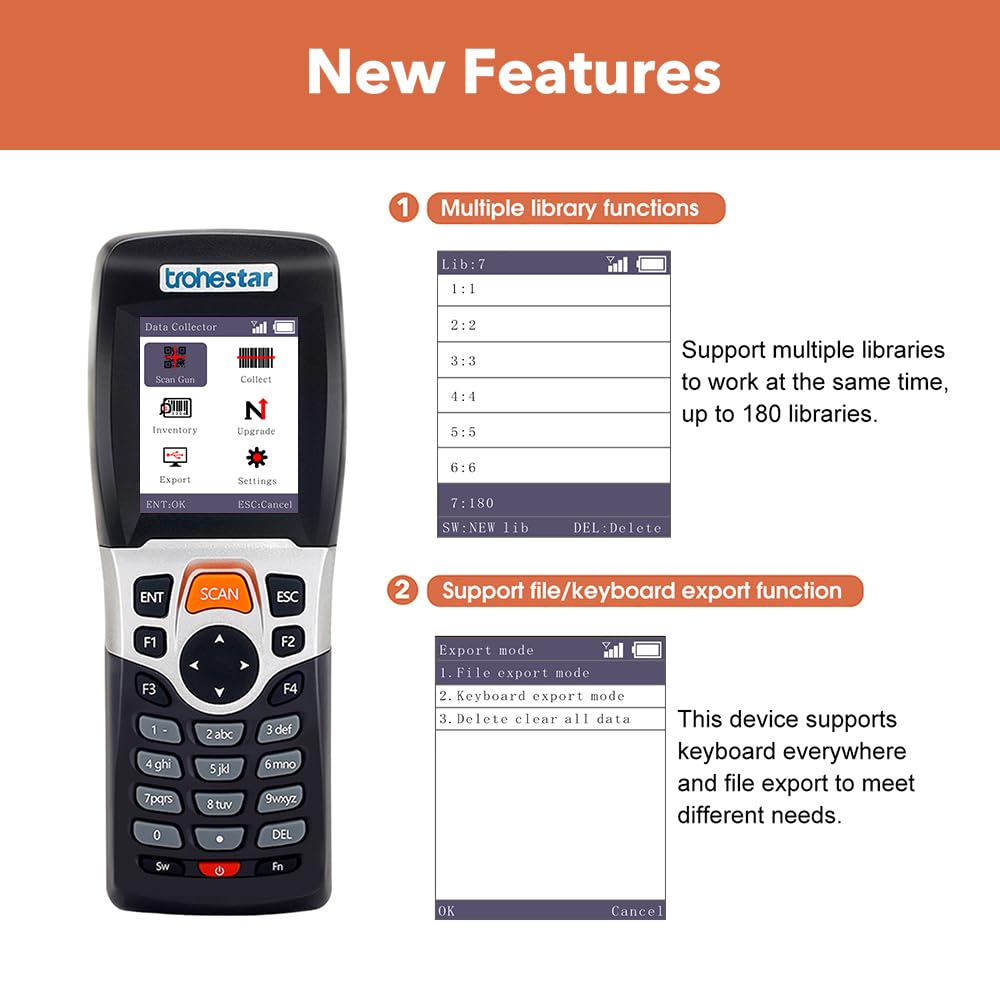Trohestar Wireless Barcode Scanner - Handheld Inventory Scanner Data Collector with 2.4GHz RF Transceiver for Warehouse & Bookstore Management New N4 Interface Grey