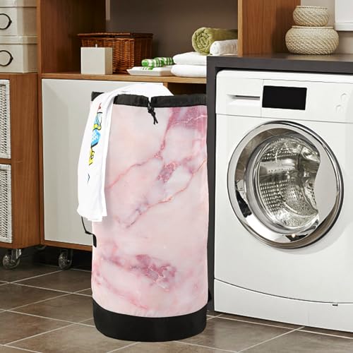 Washable Laundry Bag Backpack Large Dirty Clothes Bag with Adjustable Shoulder Strap Handles, Pink Marble Pattern Extra Laundry Heavy Duty Drawstring Bag for Travel College Grey Camping