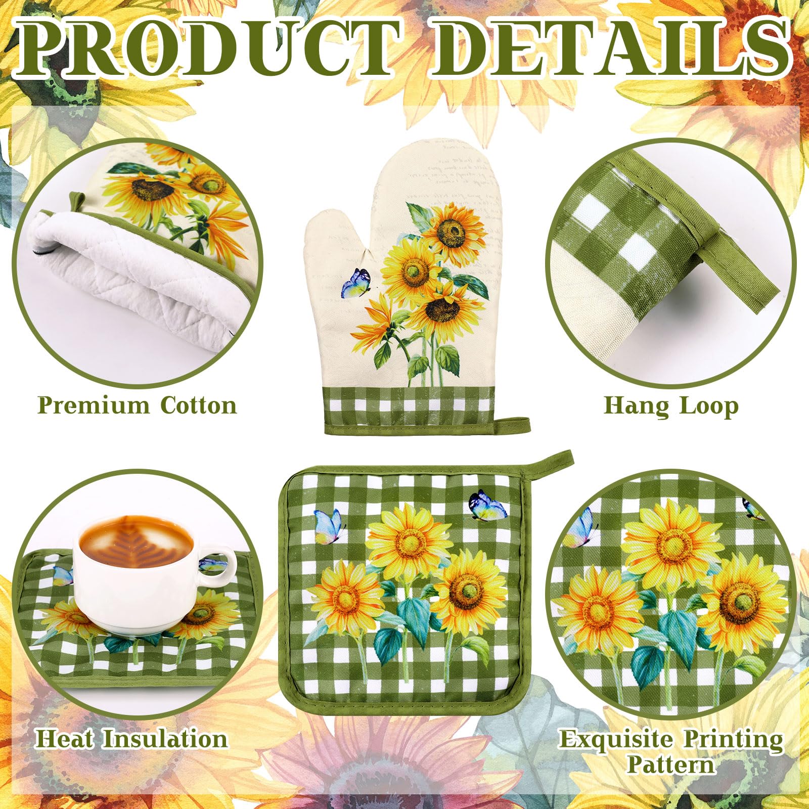 Leinuosen 6 Floral Plant Oven Mitts and Pot Holders Sets Farmhouse Kitchen Towels Absorbent Dish Towels for Cooking Baking Grilling(Yellow, Novelty Sunflower)