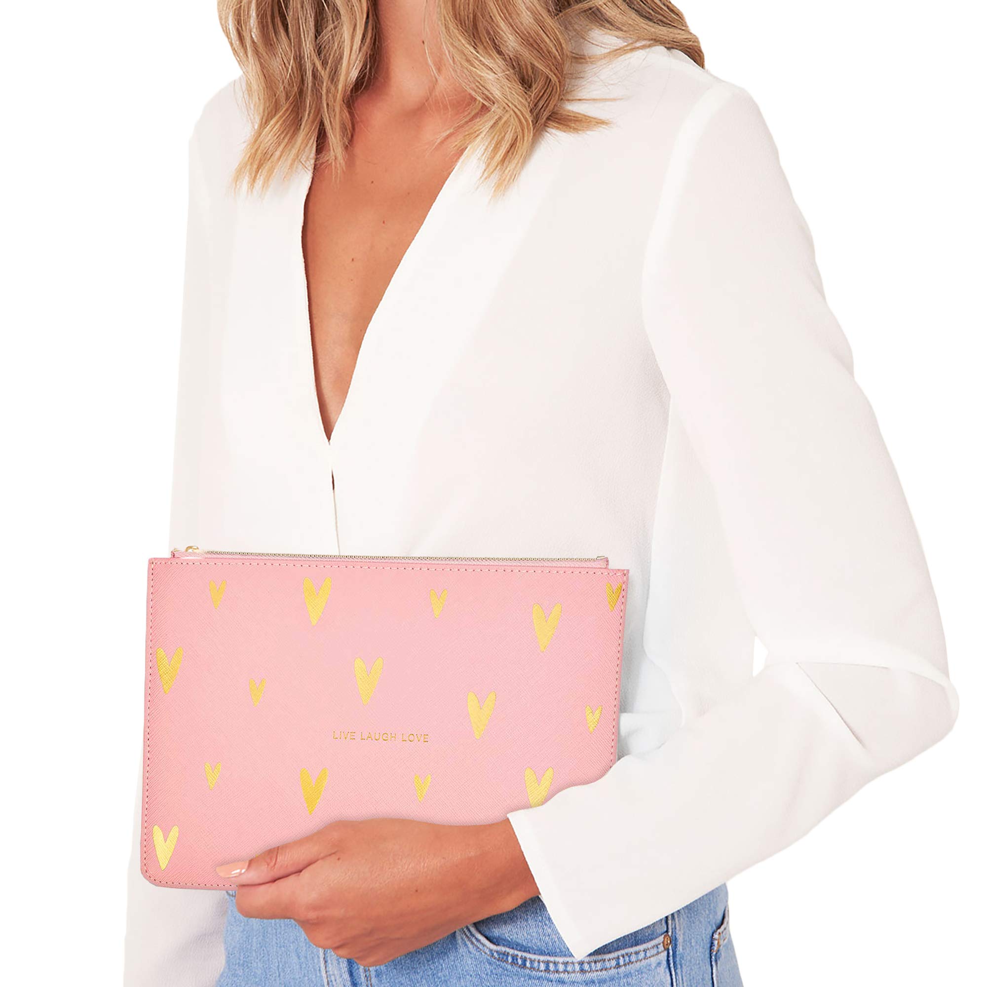 KATIE LOXTON Gold Print Live Love Sparkle Womens Medium Vegan Leather Clutch Perfect Pouch Pink Hearts