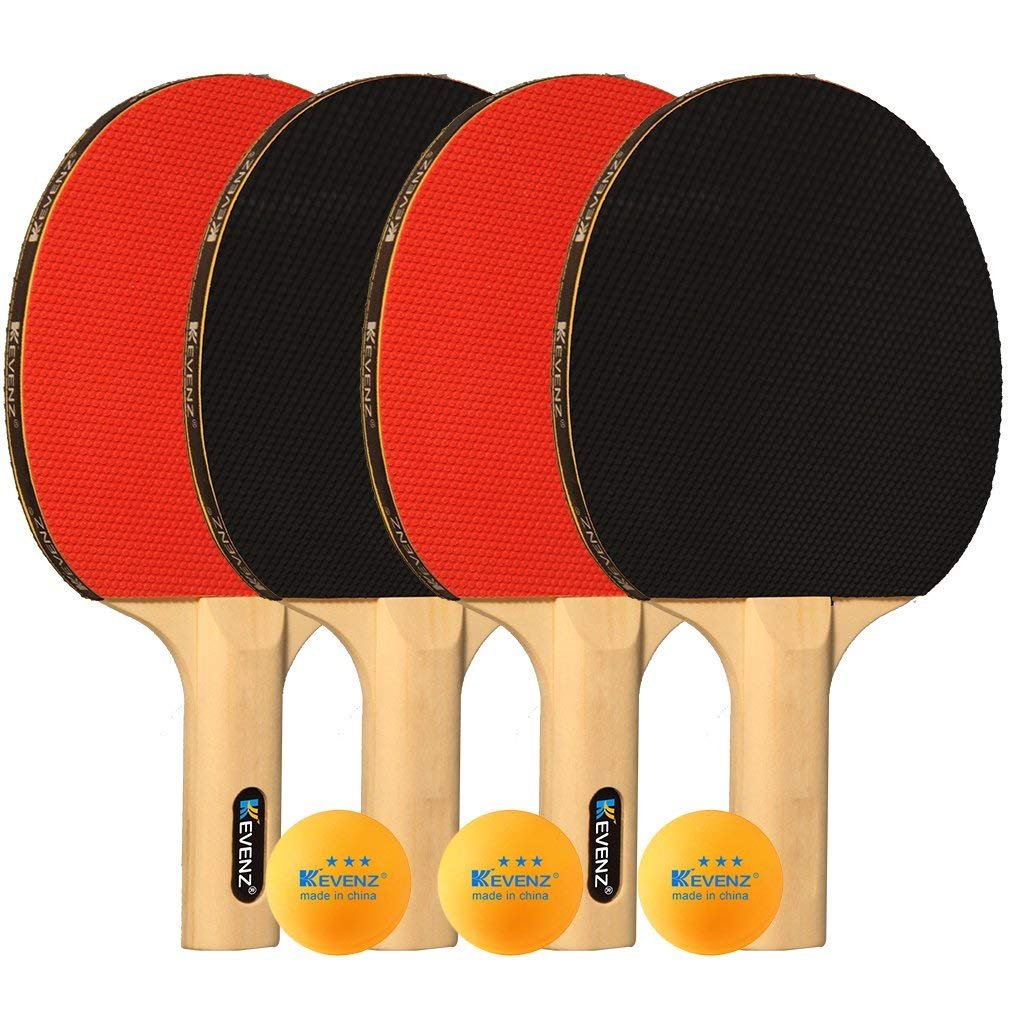 KEVENZ Ping Pong Paddle, Professional Table Tennis Racket, Patented Ping Pong Paddles with Long Handle, Family Ping Pong Racket Pack of 4