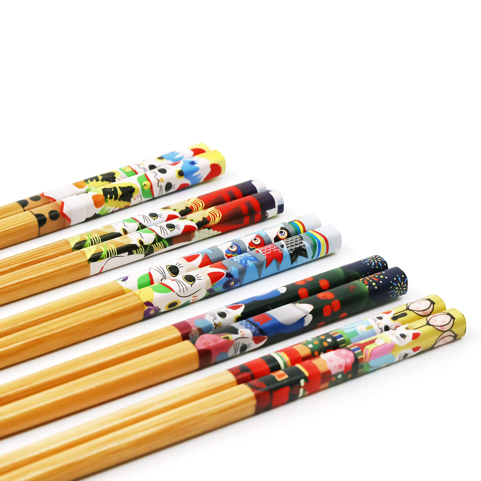 NaiHey 5 Pairs Chopsticks and Chopstick Rest Set, 6 Cute Lucky Cats Rest, Classic Japanese Style light and handy Reusable Natural Bamboo Dishwasher, Classic Gift Sets