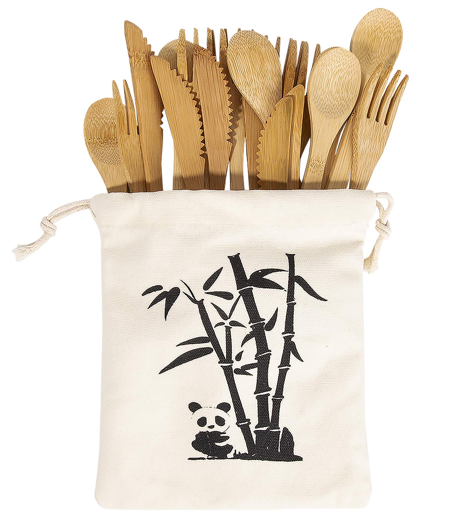 PFCTRJR Bamboo Cutlery Set -30 PCS Reusable Bamboo Utensil Fork Knife Spoon-Bamboo Flatware Sets for Camping, Travel, Picnic, Office, School,Bamboo Silverware Set with Pouch Bag