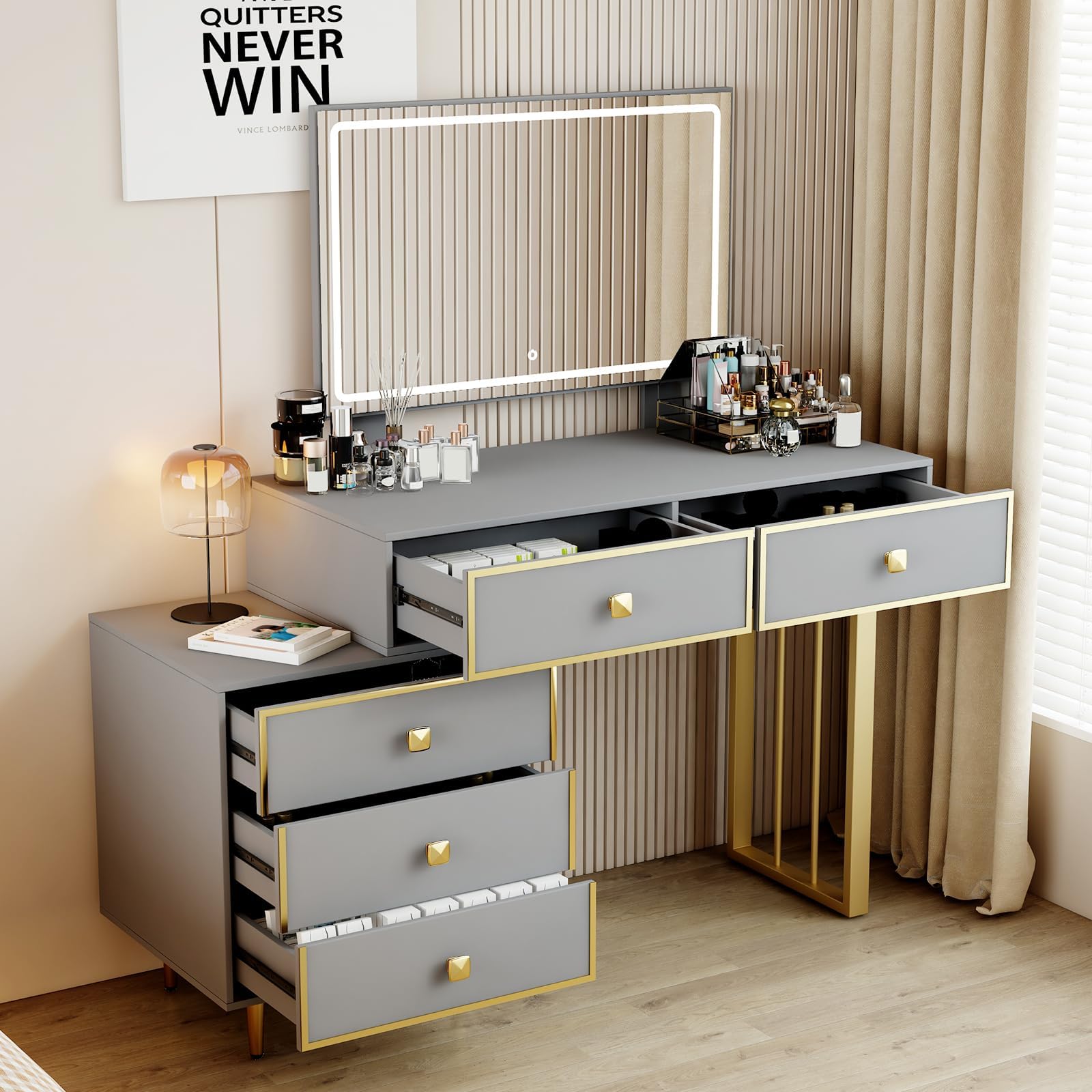 KEHUIBGAJ Modern Vanity Desk,Vanity Table,Makeup Vanity,with Lighted Mirror and 5 Spacious Drawers,Retractable Makeup Dressing Table with Nightstand,Indispensable Bedroom Furniture for Girls