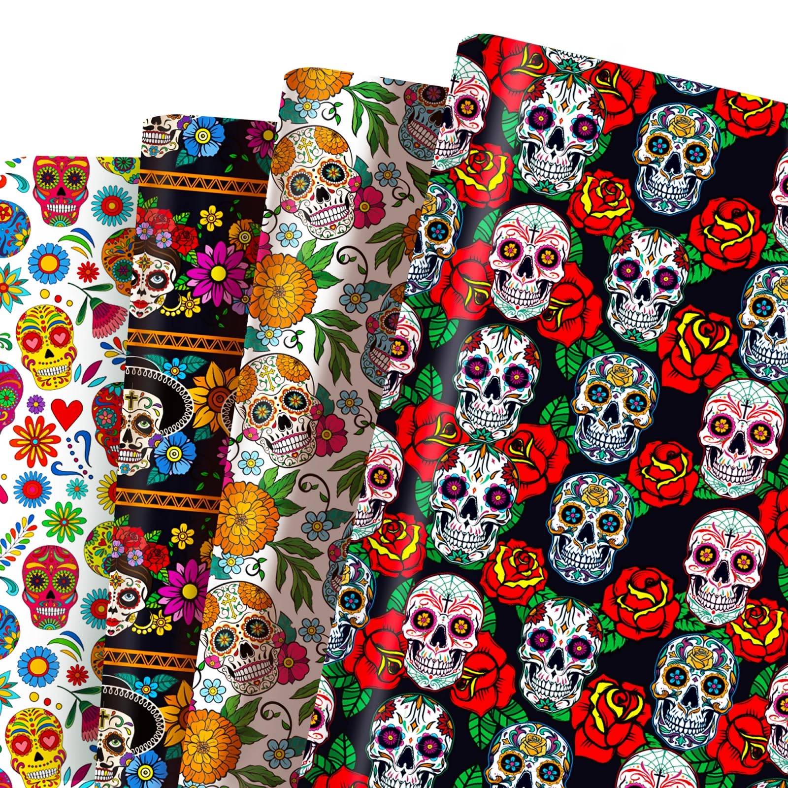 YVAINE 12 Sheets Day of the Dead Wrapping Paper Mexican Sugar Skull Wrapping Paper Folded Flat Art Paper for Dia De Los Muertos Halloween Birthday Party, 20 x 27 Inches