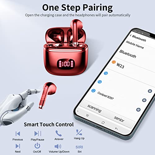Wireless Earbuds Bluetooth, Headphones Bluetooth 5.3 with HiFi Stereo Deep Bass, Ear Buds Noise Cancelling with ENC Mic, LED Display, 40H Playtime Earphones for Computer Laptop Pad Phone, Dark Red