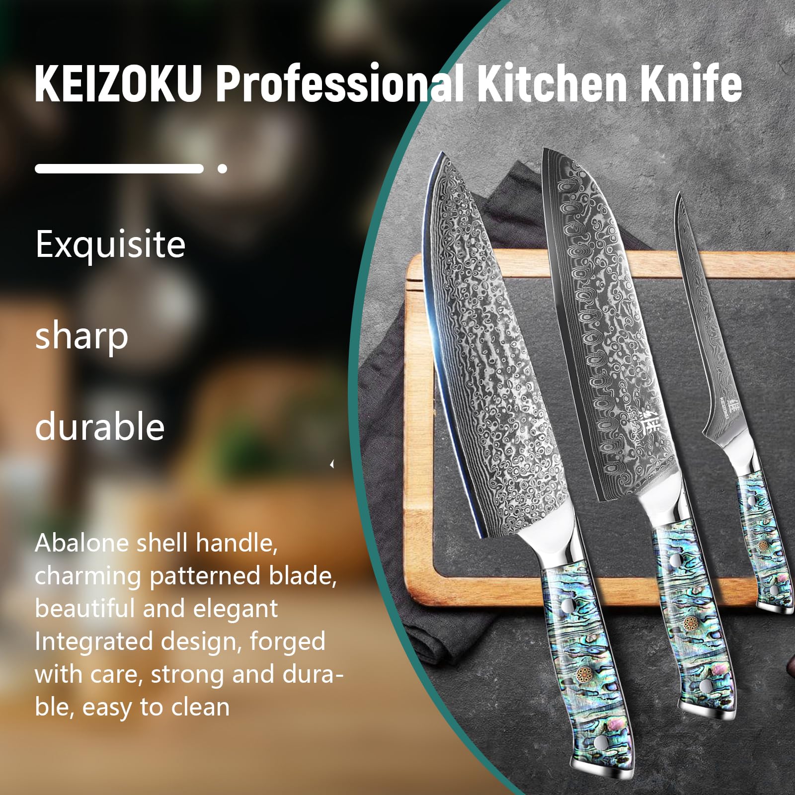 KEIZOKU Damascus Steel Chef Knife 8 Inch, Japanese Professional 10Cr15MOV Blade with Hand Forged Hammer Pattern, Ultra Sharp Kitchen Knife with Abalone Shell Ergonomic Handle