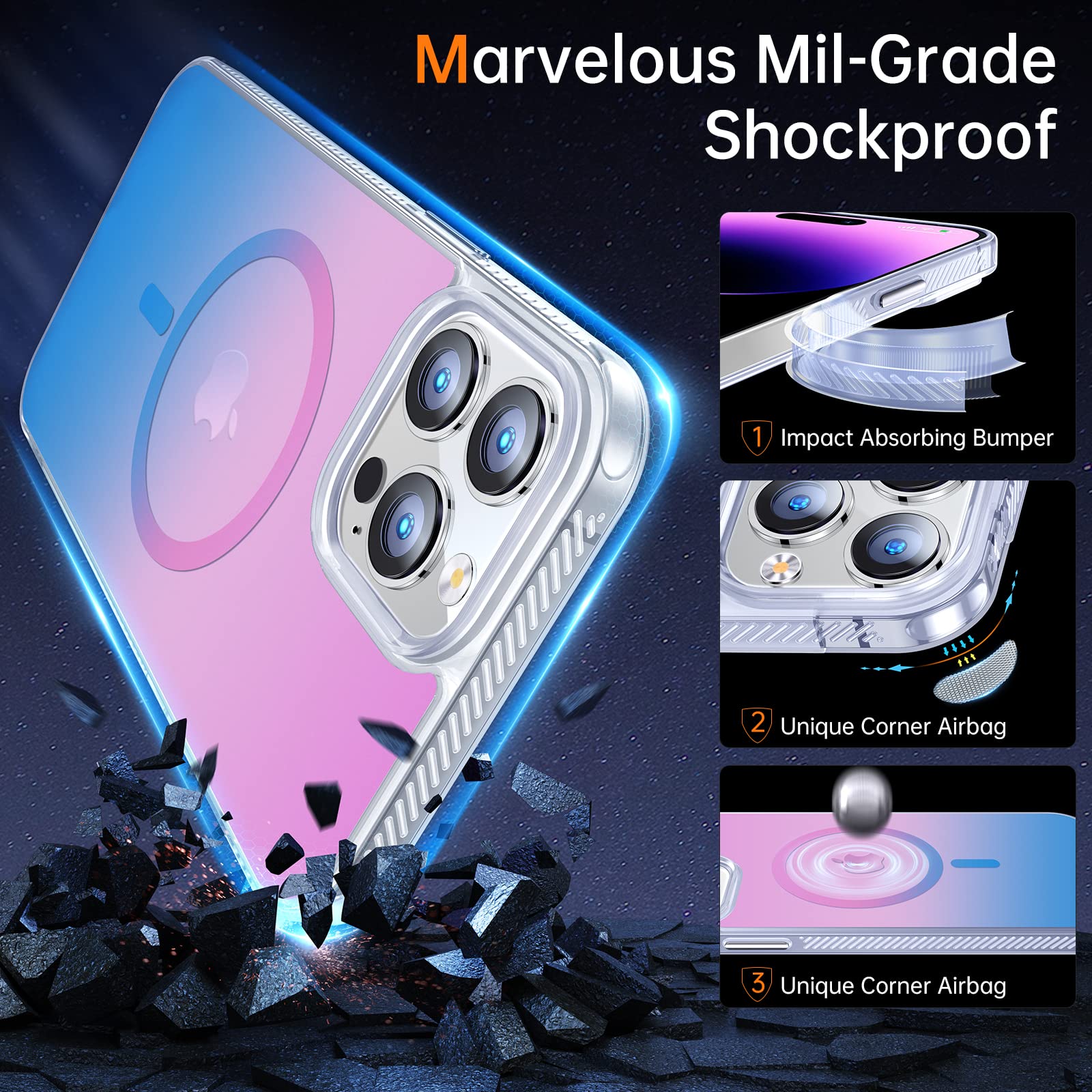 JUESHITUO Magnetic Defender Bicolor for iPhone 14 Pro Max Case[Military Grade Protection] [Super Strong Magnets] Translucent Matte Case for iPhone 14 Pro Max Case (6.7") (Rose to Blue)