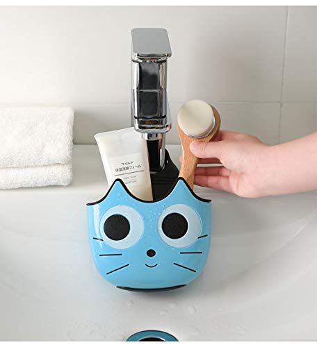 QTMY 2 PACK Cat Sponge Holder Basket with Buckle,Sink Faucet Caddy Hanging Drain Rack, Gadget Soap Brush Desk Pen Organizer for Kitchen Bathroom,Pink Blue