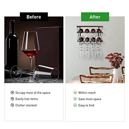 OOir onOO Wall Mounted Wine Rack - Wood Rustic Wine Bottle Glass Floating Shelves Holds with Stemware Rack, 8 x Glasses and 11 xWine Bottles for Kitchen,Dining Room,Bar,15 Inch(Black)