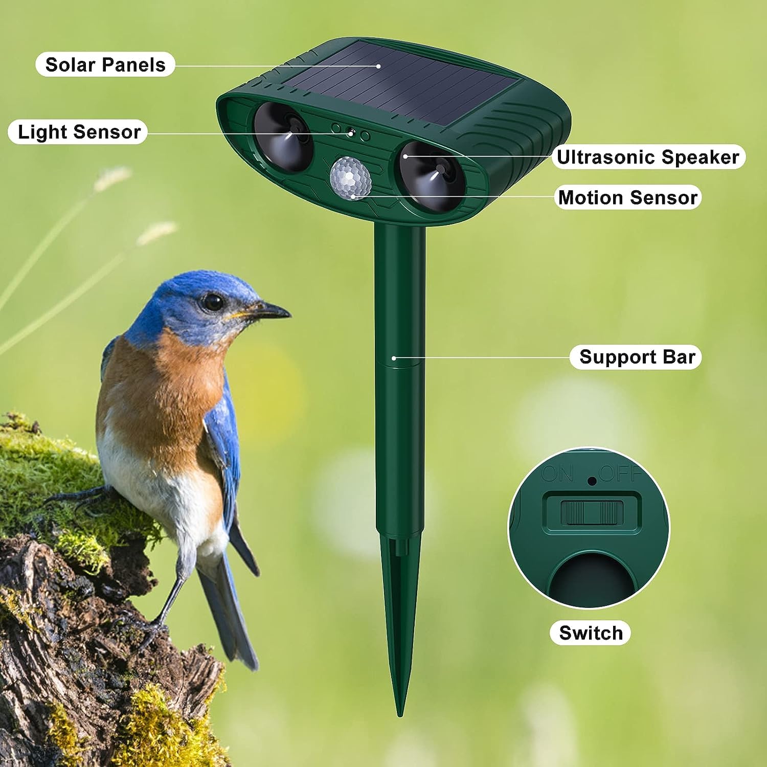 Mageloly Ultrasonic Bird Deterrent, Solar Animal Repeller Bird Repellent Devices Outdoor with Motion Sensor and Led Light Alarm, Waterproof Ultrasonic for Mole Dogs, Cats, Skunk, Squirrels, Green