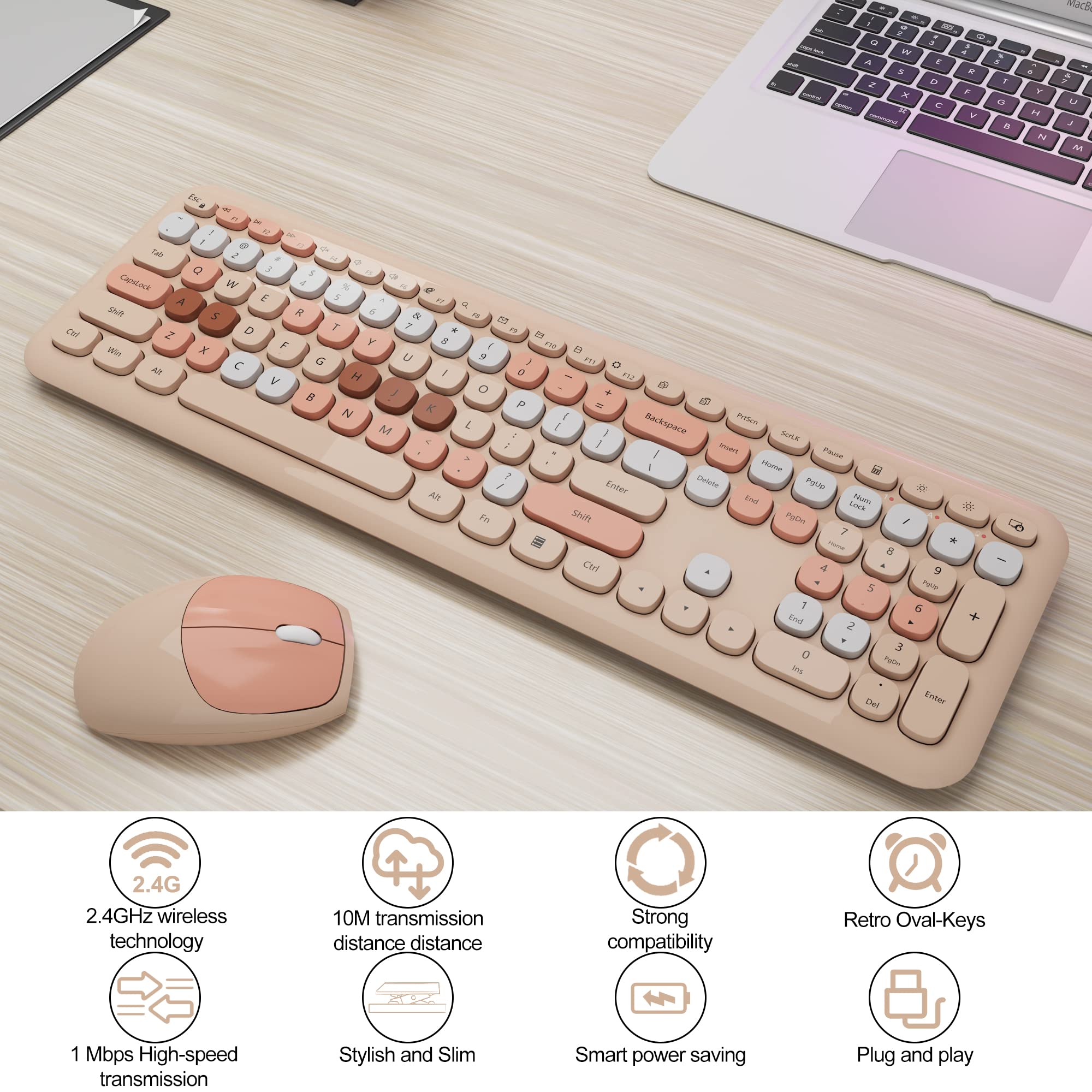 Wireless Keyboard and Mouse Combo, 2.4Ghz Colorful Cute Wireless Keyboards Mouse Set,Letton 110 Keys Full Size Office Retro Silent, for Computer, PC, Laptops,Desktop (Brown)