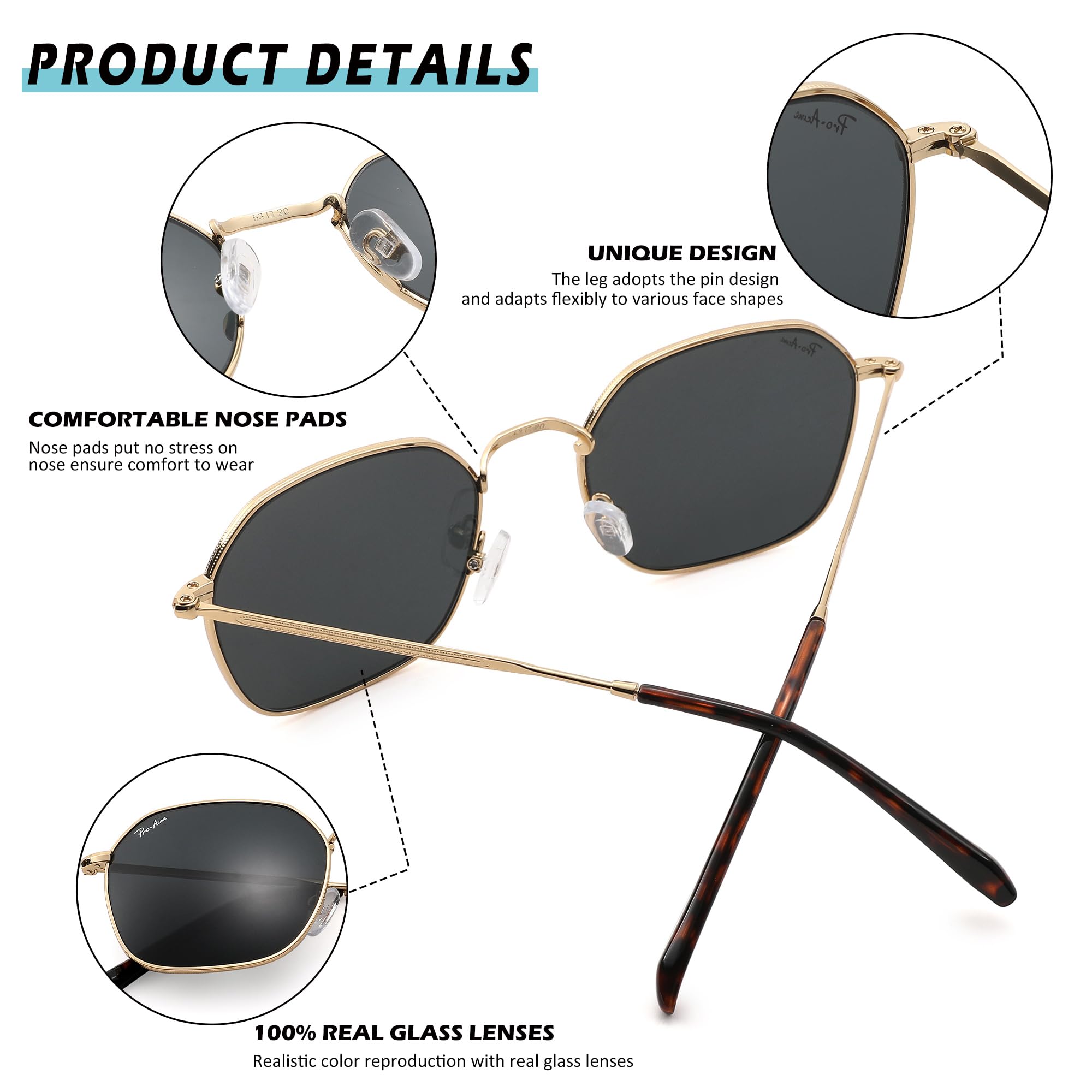 Pro Acme Classic Sunglasses for Women Men Hexagonal Flat Lens Metal Frame Trendy Square Shades Sunglasses 100% Real Glass Lens(Gold | Grey)