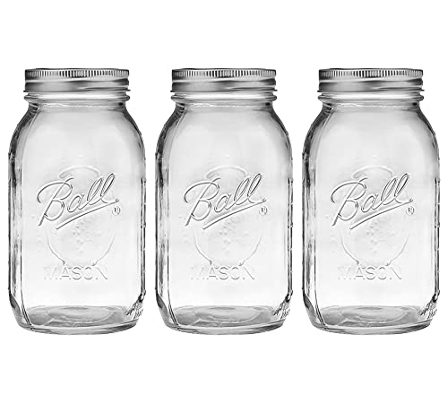 Regular Mouth Mason Jars 32 oz - (3 Pack) - Ball Regular Mouth Quart 32-Ounces Mason Jars With Airtight lids and Bands - For Canning, Fermenting, Pickling, Storage - Microwave & Dishwasher Safe