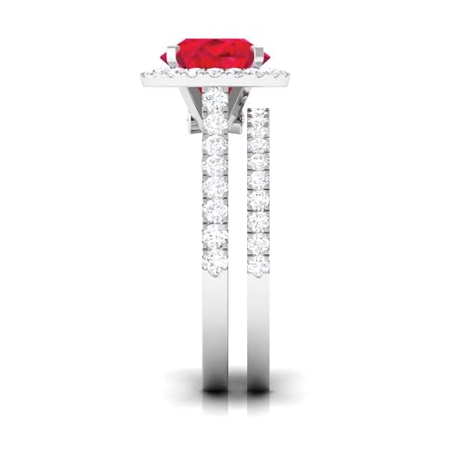Lab Created Ruby Bridal Wedding Ring Set with D-VS1 Moissanite | 8 MM | AAAA Quality, 14K White Gold, Size:US 5.50