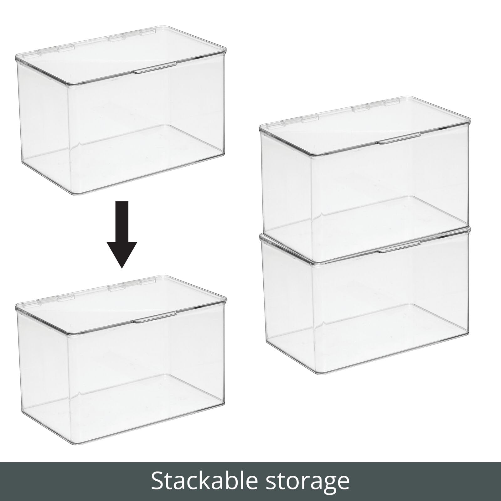 mDesign Plastic Kitchen Pantry and Fridge Storage Organizer Box Containers with Hinged Lid for Shelves or Cabinets, Holds Food, Snacks, Canned Drinks, Seasoning, Lumiere Collection, 2 Pack, Clear