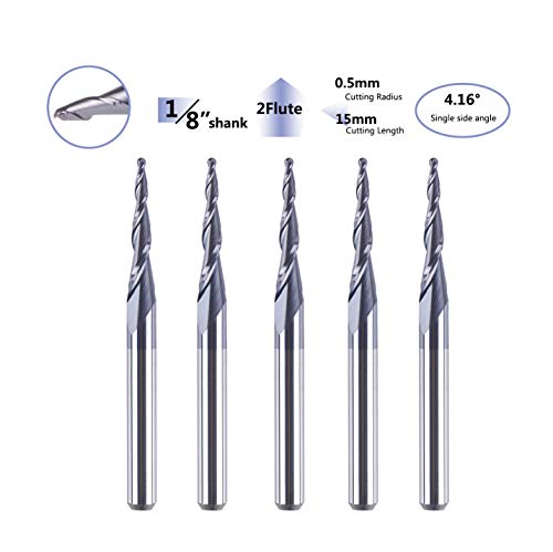 SpeTool 5Pc/Pack Tapered Cone 1/8 End Mills 0.5MM Cutting Radius(1.0mm Diameter) 3D Wood Engrave CNC Router Bits Tools