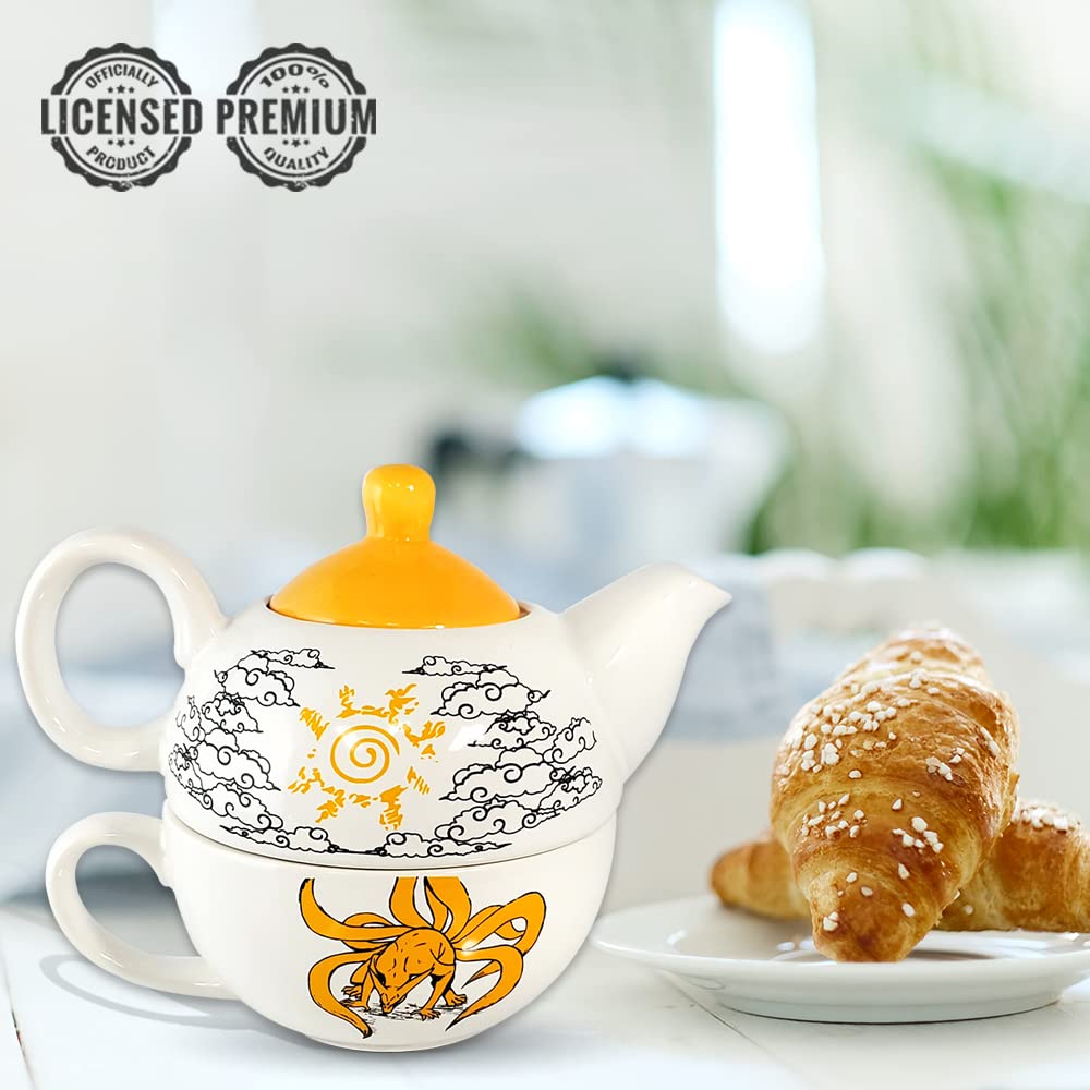 Naruto Shippuden Tea Cup Set 2 with Teacup and Kettle | 15 Oz TeaCup Featuring The Nine-Tail Fox “ Kurama” | Anime | Kitchen Deco | Naruto Tea Cup Set | Officially Licensed | By Just Funky