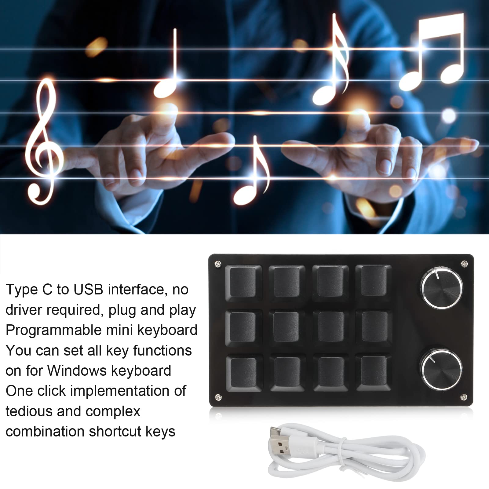 Septpenta Mini 12-Key Keyboard One-Hand Macro Mechanical Keyboard with 2 Adjustment Knobs, Plug and Play, Multifunctional Programmable Shortcuts for Office Games(Black)