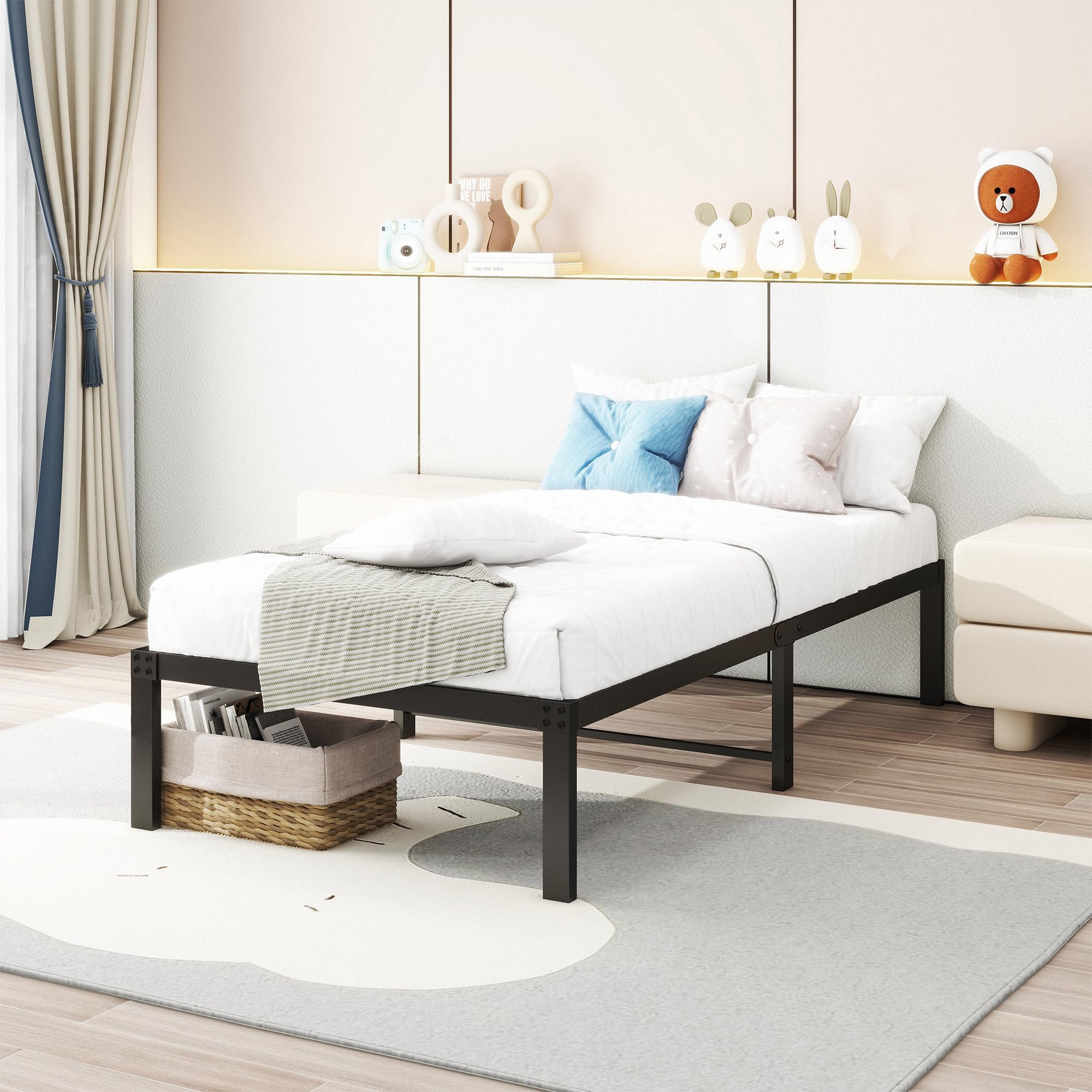 JUISSANO 14 Inch Twin Bed Frames, Heavy Duty Metal Platform Bed Frame Twin Size, No Box Spring Needed, with Storage, Double Reinforcement Noise Free, Textured Black