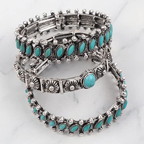 RIAH FASHION Bohemian Beaded Natural Stone Multi Strand Layer Stretch Bracelet - Western Concho Bangle Set (Western Concho Stone Bangle - Burnish Silver Turquoise)