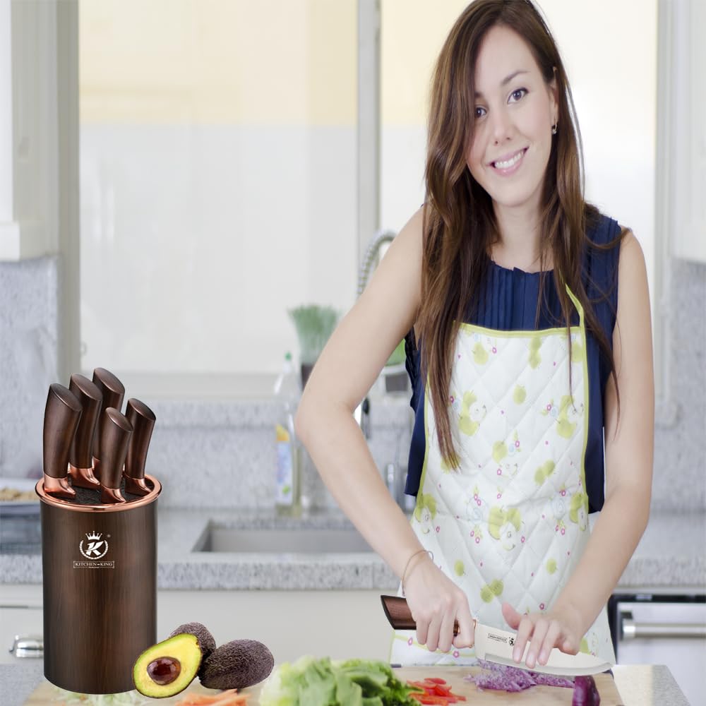 Knife Set with Block YF-TOW 6-Piece Kitchen Knife Sets Non-Stick Sharp Stainless Steel Kitchen Knives Comes with Freestanding Storage Block (Brown)