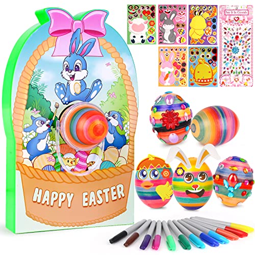 Sanlebi Easter Egg Decorating Kit Spinner - Easter Basket Stuffers Easter Egg Dye Kit with 5 Plastic Eggs and 12 Coloring Markers,Easter Egg Coloring Kit Machine for Kids Adults