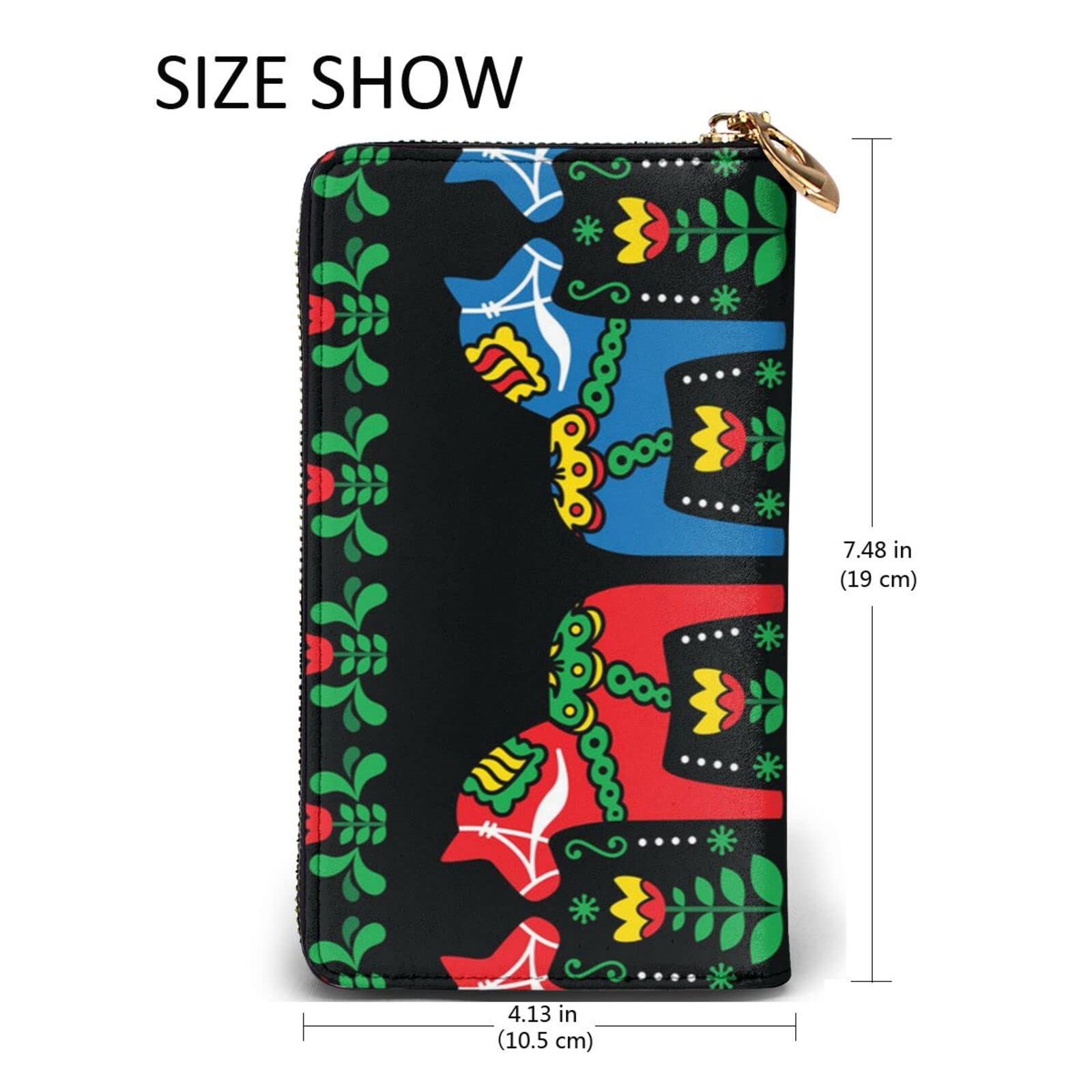 Runner Swedish Dala Horse Folk Printed Men'S And Women'S Leather Wallets, Large Capacity Wallets, Long Clutch Bags, Portable Wristlet With Zipper