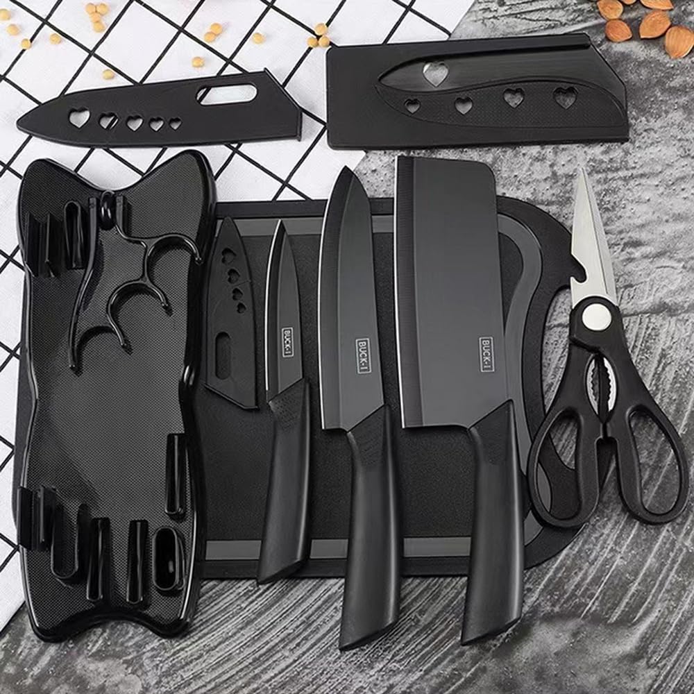 Knife Set, 10-Piece German Stainless Steel Kitchen Knife Block Set with Sheaths, Cutting Board and Knife Block, Super Sharp Knife Set with Block, Non-stick Cooking Knives Sets, Ergonomical Design
