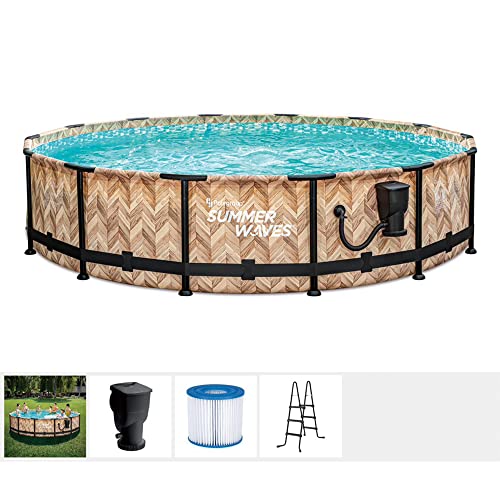 Summer Waves Light Oak Elite 14 Foot by 36 Inch Outdoor Backyard Round Frame Above Ground Swimming Pool Set with Ladder and Filtration Pump