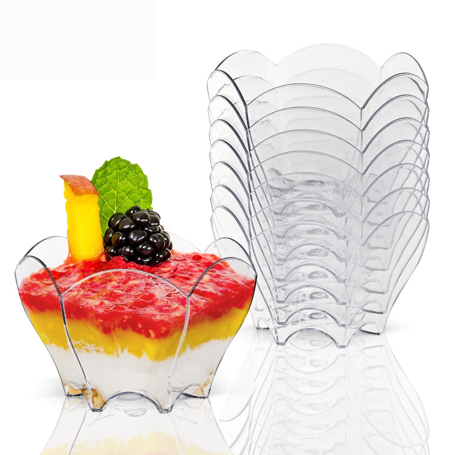 QXcom 100 Pcs 3 Oz 90ml Clear Ice Cream Dessert Bowls Plastic Disposable Flower Shape Dessert Cake Snack Bowl Cups Sundae Petal Dessert Bowls Salad Appetizer Serving Bowl Party Favor Wedding Bowls