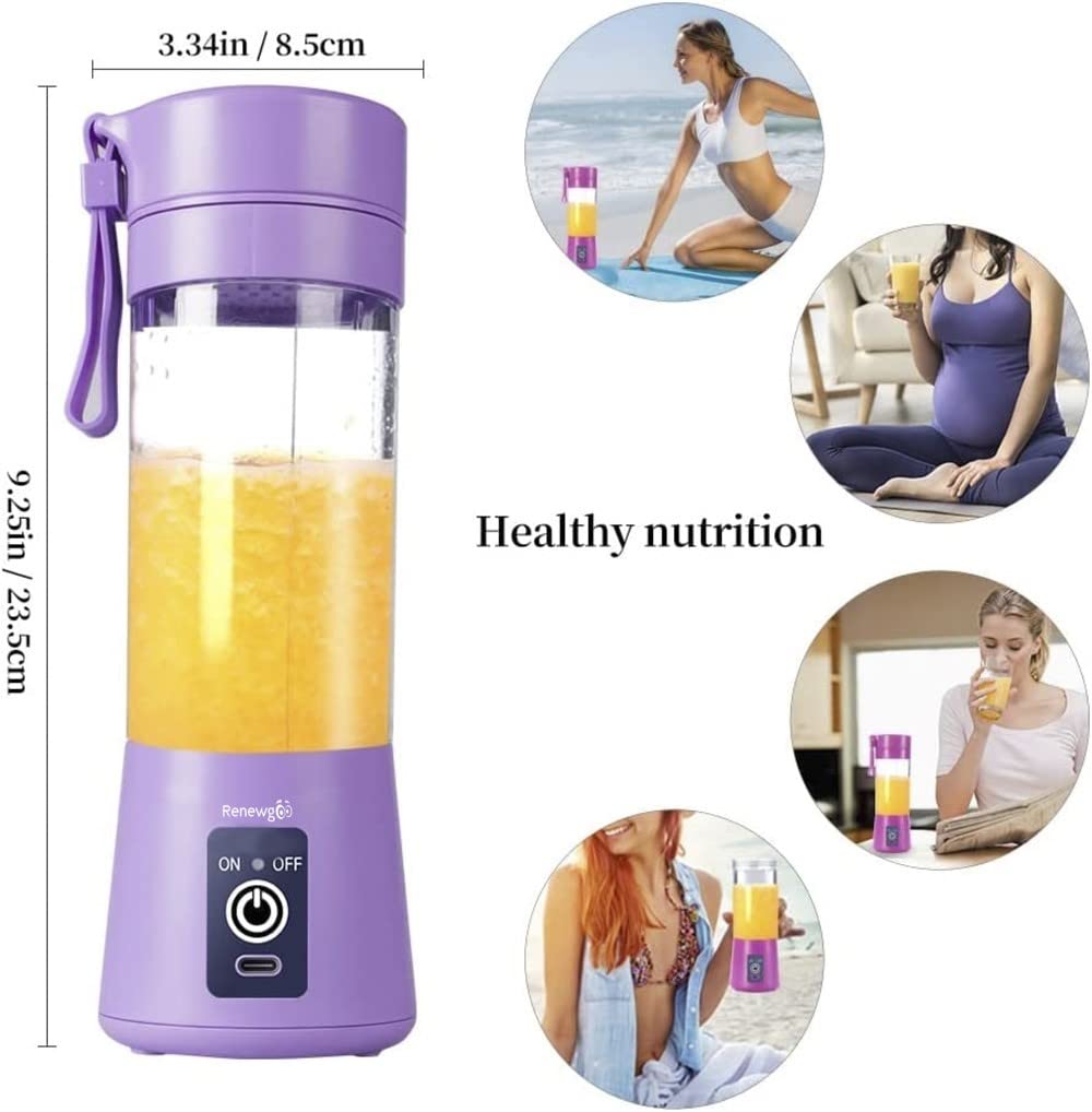 Renewgoo BlendMate Blender Portable Juicer Travel Bottle Portable Personal USB-C Mini Rechargeable Electric Smoothie Maker, Fruit & Veggie Blending To Go, Purple