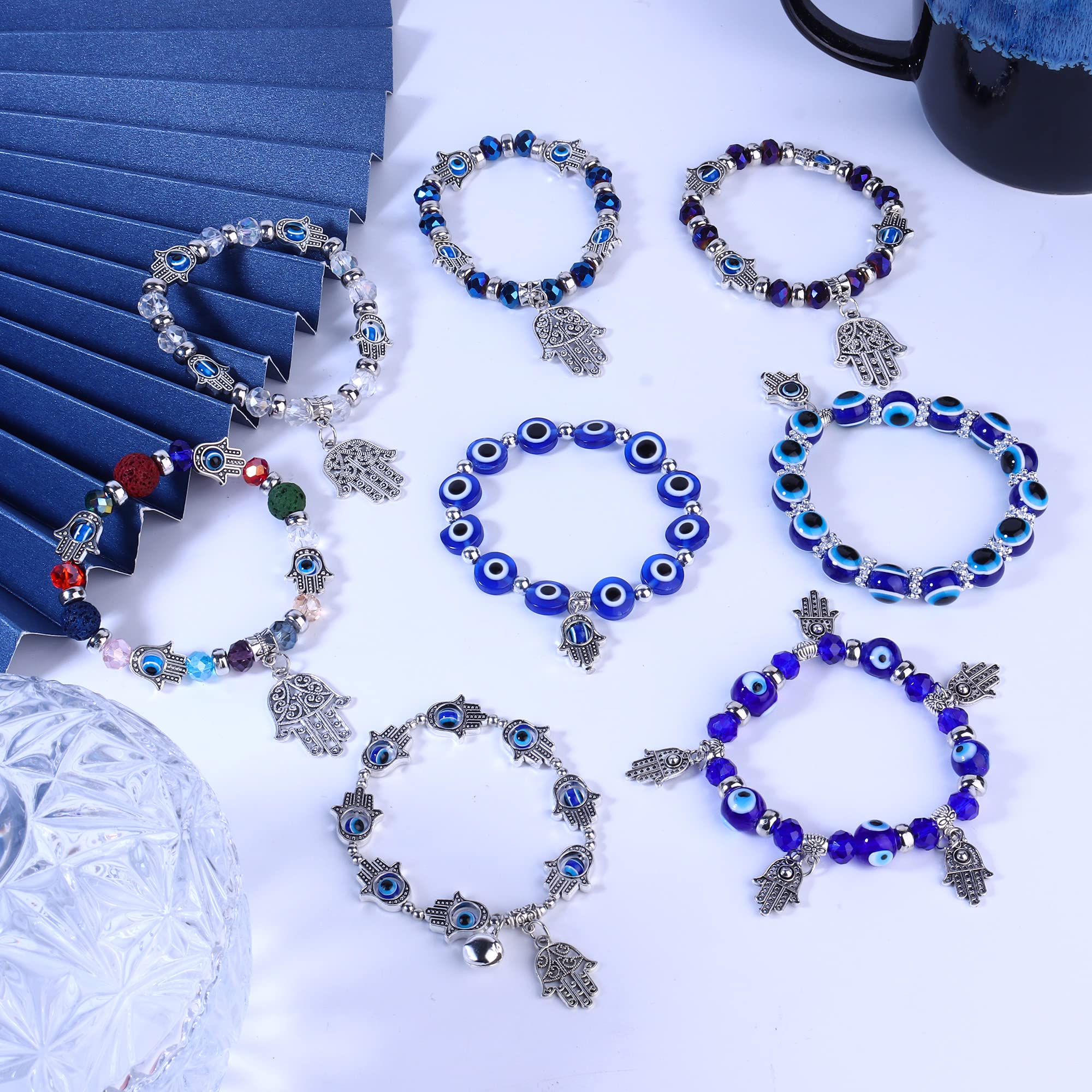Magitaco 8PCS Evil Eye Beaded Bracelets for Women Men Blue Eye Hamsa Hand Charm Stretch Bracelet Lucky Bracelet for Protection and Blessing