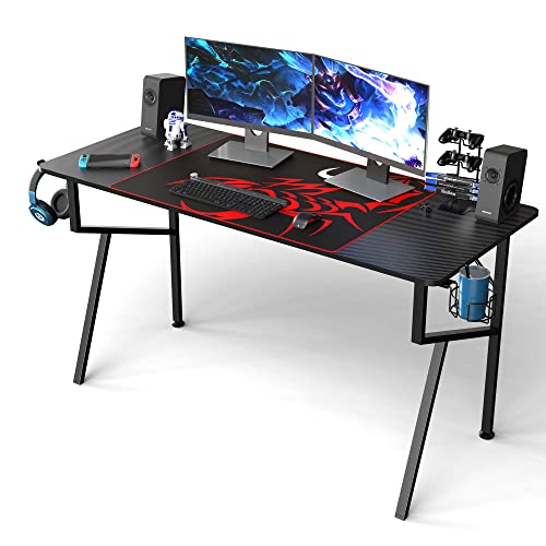 It's_Organized Gaming Desk 55 inch PC Computer Desk, K-Frame Home Office Desk Professional Gamer Workstation with Cup Holder Headphone Hook Gaming Handle Rack Free Mousepad, Black