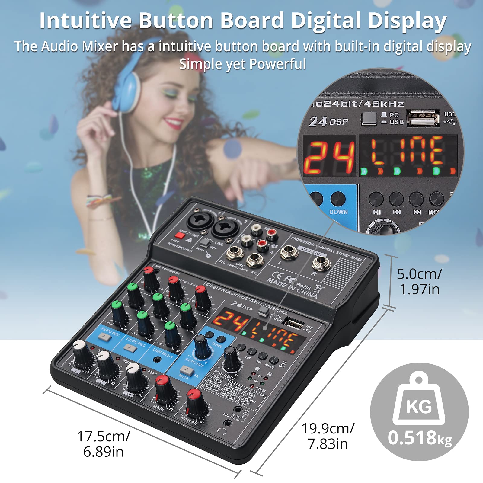 PROZOR Professional Audio mixer,4-Channel Audio Mixersound board Console with 24 DSP USB Bluetooth MP3 Computer Input 48V Phantom Power for PC Recording Webcast Party Singing