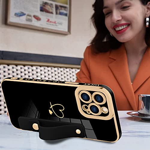 ZIYE for iPhone 13 Pro Max Luxury Electroplated Case with Strap Love Heart Plating Gold Bumper Cover for Women Girls Anti-Scratch Shockproof Back Phone Case for iPhone 13 Pro Max 6.7 Inch