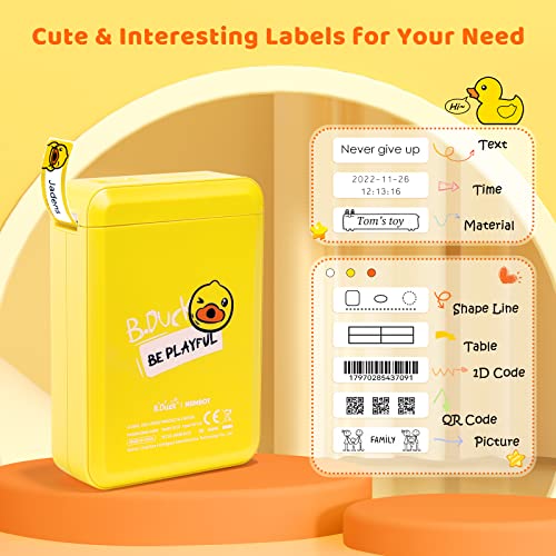 JADENS D110 & B. Duck Label Maker, Portable Bluetooth Label Printer for Storage, Office, Home, Organizing, Mini Cute Label Maker Machine with 1 Roll Cartoon Tape, Sticker Maker, Yellow