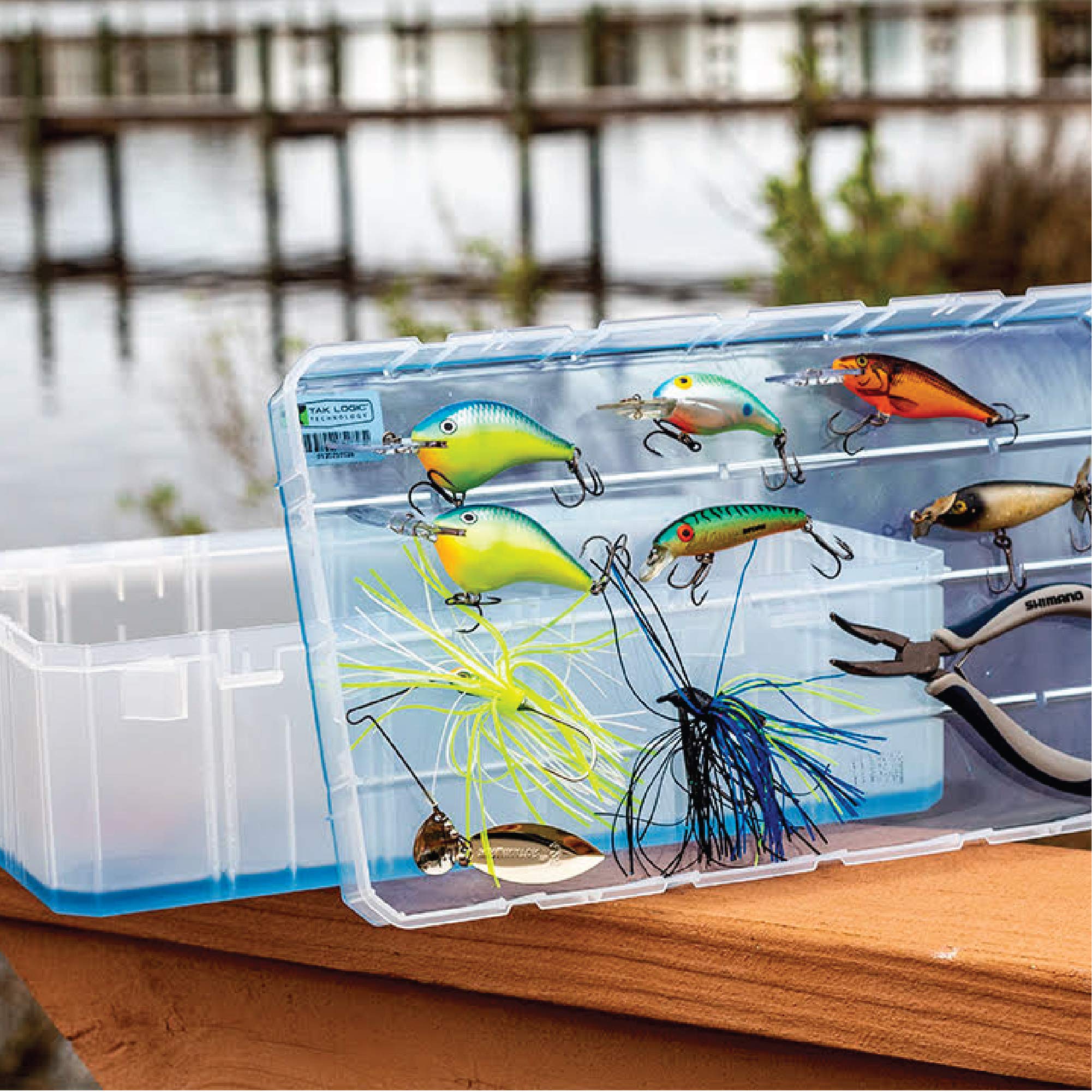 Lure Lock LL1D Large Deep Box - 1-4 Cavity w/Ocean Blue Tak Logic Liner, Clear w/Green Accent, Two Trays