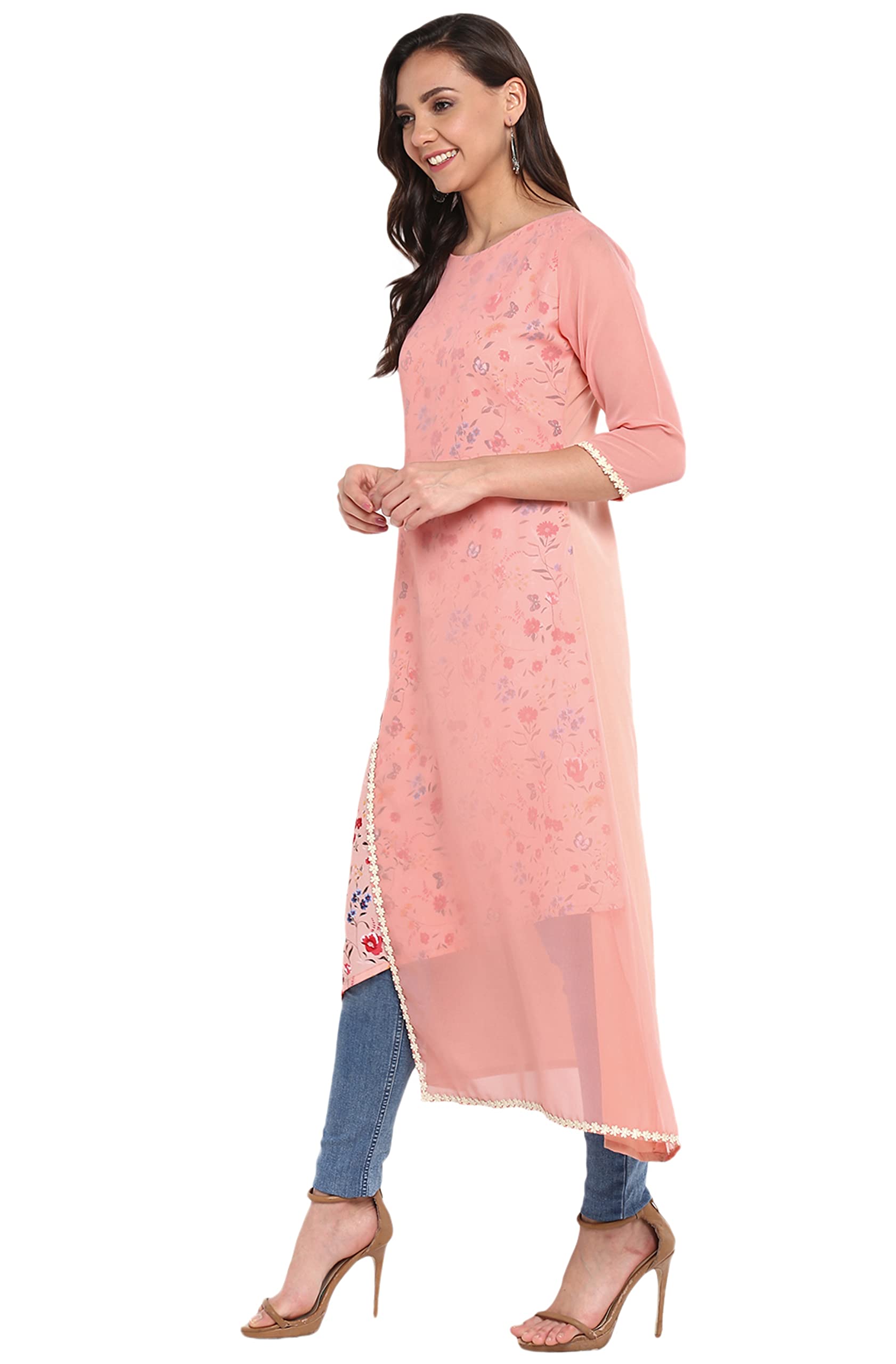 Janasya Indian Women's Tunic Tops Crepe Kurti for Women(JNE3252-KR-L) Pink