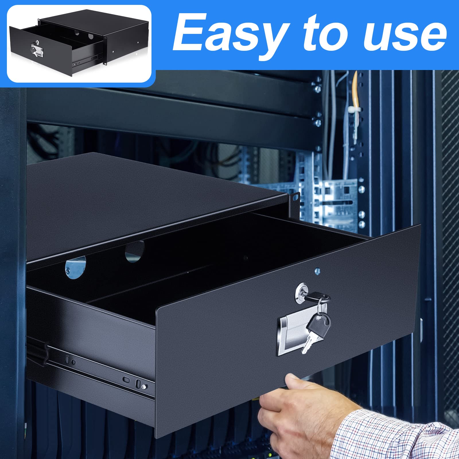 Server Cabinet Case Drawer Metal Rack Mount Tool Drawer 19 Inch Rack Mount DJ Locking Lockable Deep Drawer with Key for Enclosure Server Rack Cabinet Black (3U)