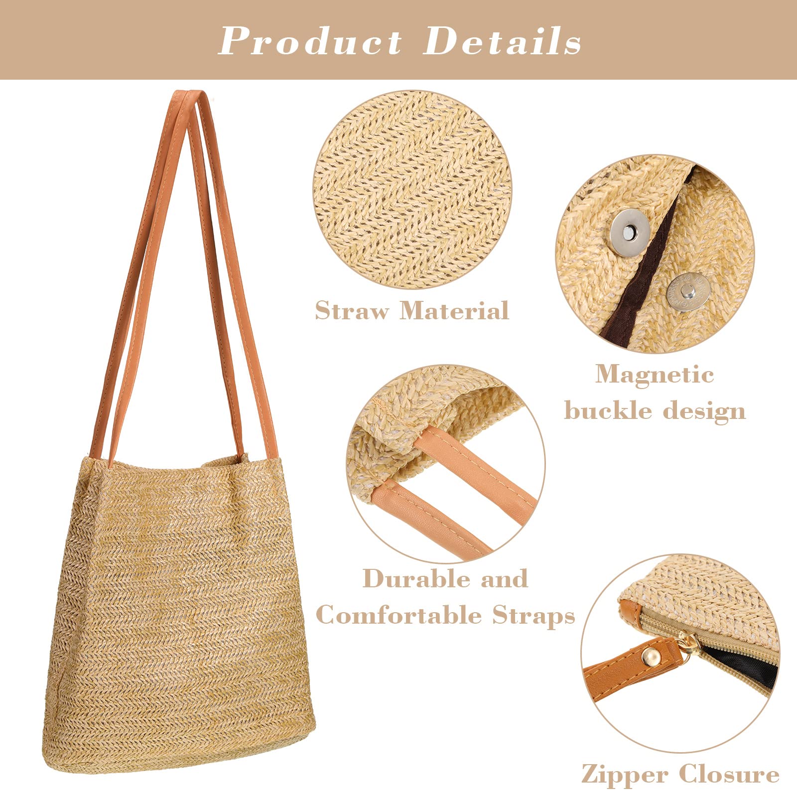 Straw Beach Tote Bag Straw Clutch Purse for Women Summer Beach Vacation Boho Handbag Shopping Shoulder Bag (Dark Beige)