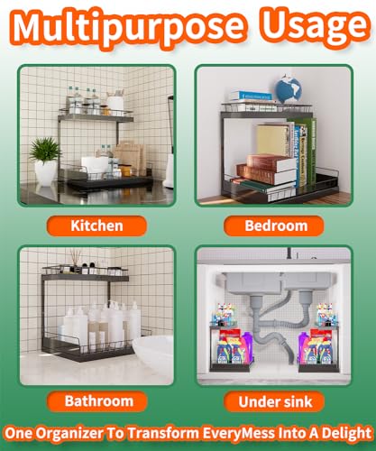 ZJSYMZY Under Sink Organizer,2 Tier Sliding Under Cabinet Storage,Heavy Load Carbon Steel Under Sink Storage for Kitchen Bathroom